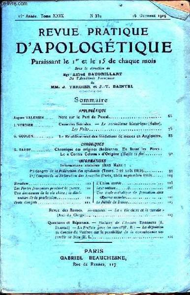 REVUE PRATIQUE D APOLOGETIQUE N 332 : AUGUSTE VALENSIN : NOTE SUR LE ...