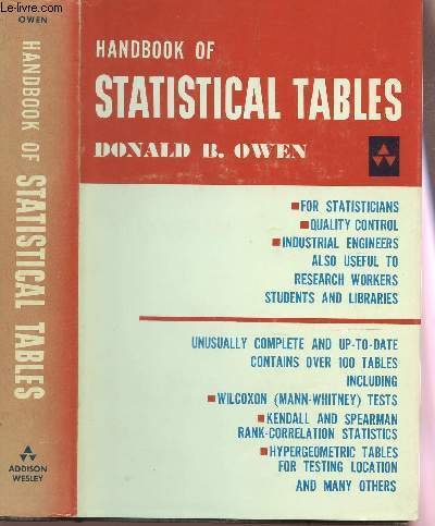 HANDBOOK OF STATISTICAL TABLES / For statisticians, quality control ...
