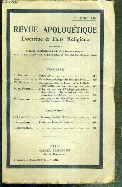 REVUE D'APOLOGETIQUE - DOCTRINE & FAIT RELIGIEUX - N° 378 - 1er FEVRIER ...