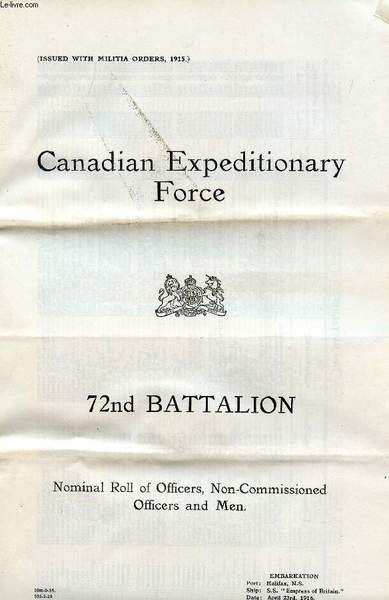 CANADIAN EXPEDITIONARY FORCE, 72nd BATTALION - Libro