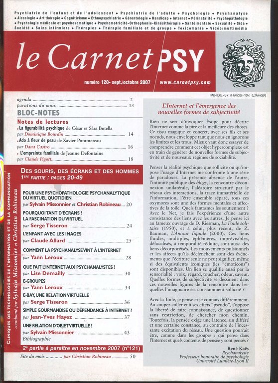 Le Carnet PSY n°120, sept./octobre 2007 - Des souris, des écrans et des hommes 1ère partie - Libro