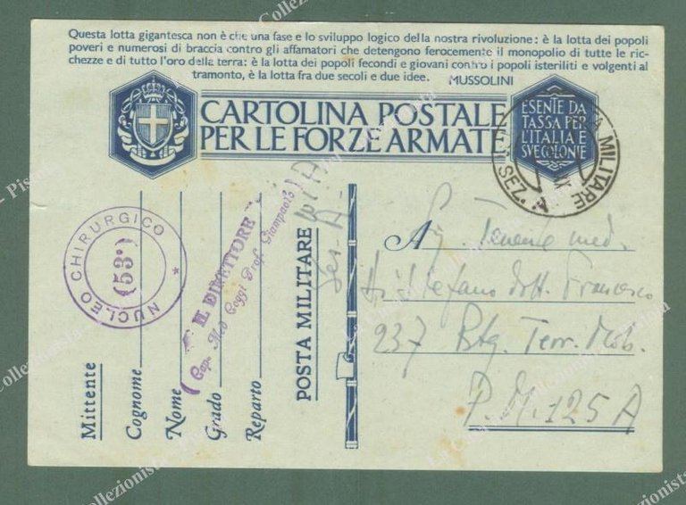 SECONDA GUERRA. Dalla POSTA MILITARE 101 SEZ. A cartolina in franchigia del 2.5.1942 alla P.M ...