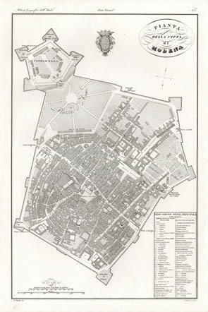 MODENA - Pianta della CittÃ di Modena. Titolo e stemma in alto ...