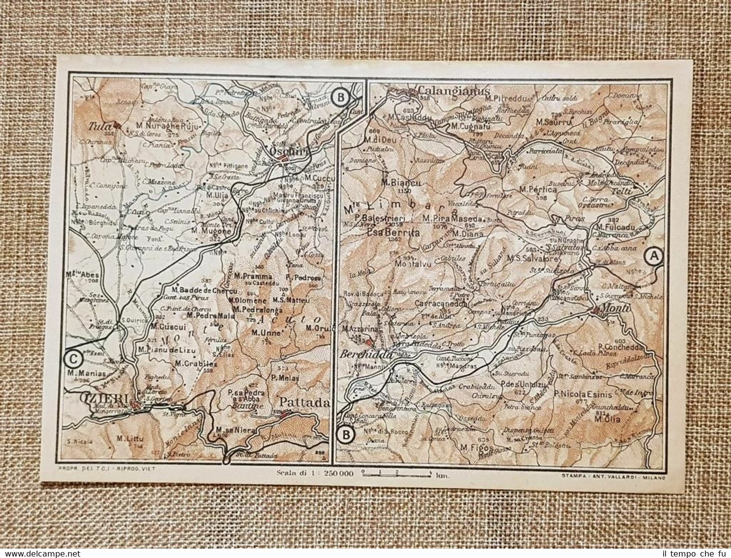 Carta geografica o cartina del 1918 Pattada Calangianus Monte Olia ...