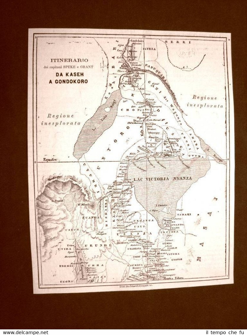 Carta geografica o mappa del 1863 Da Kaseh a Gondokoro Africa - Grabado