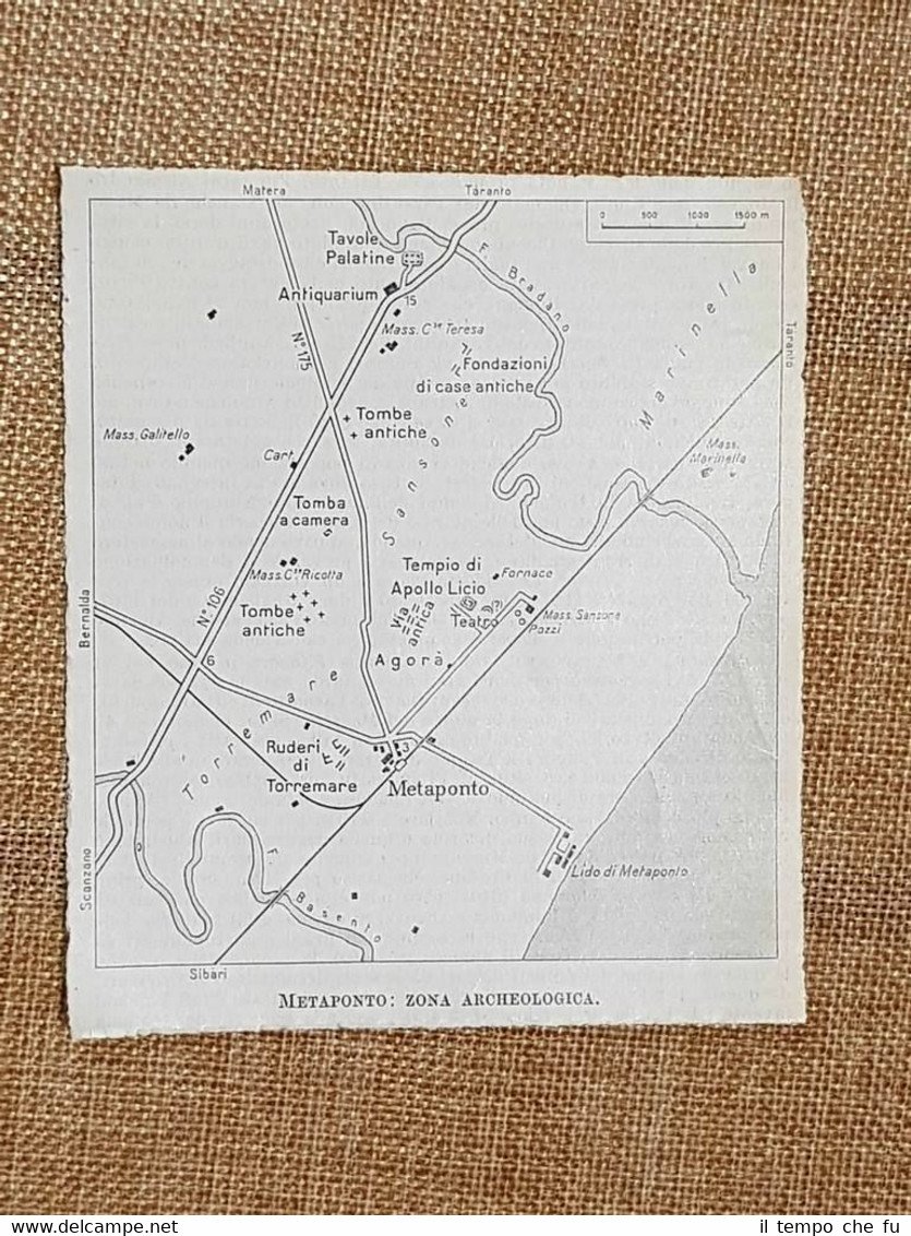 Carta geografica o mappa del 1937 Zona archeologica del Metaponto ...