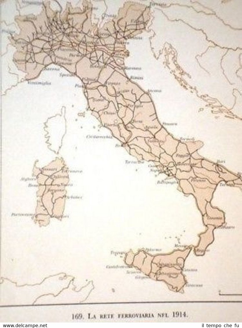 Cartina Italia Rete Ferroviaria e Stradale nel 1914 - Stampa