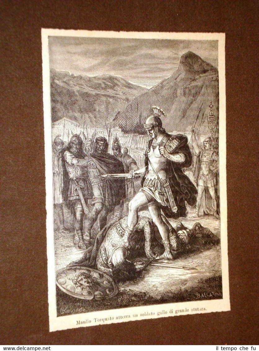 Incisione di fine '800 Manlio Torquato atterra un soldato gallo gigante ...
