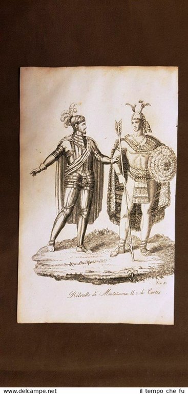 Ritratto Montezuma II e Cortez Aztechi Acquaforte 1830 Costume antico ...