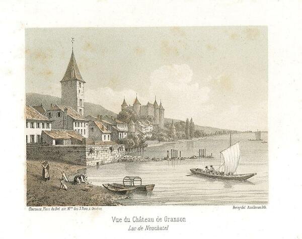 Vue du Chateau de Granson Lac de Neuchatel - Stampa