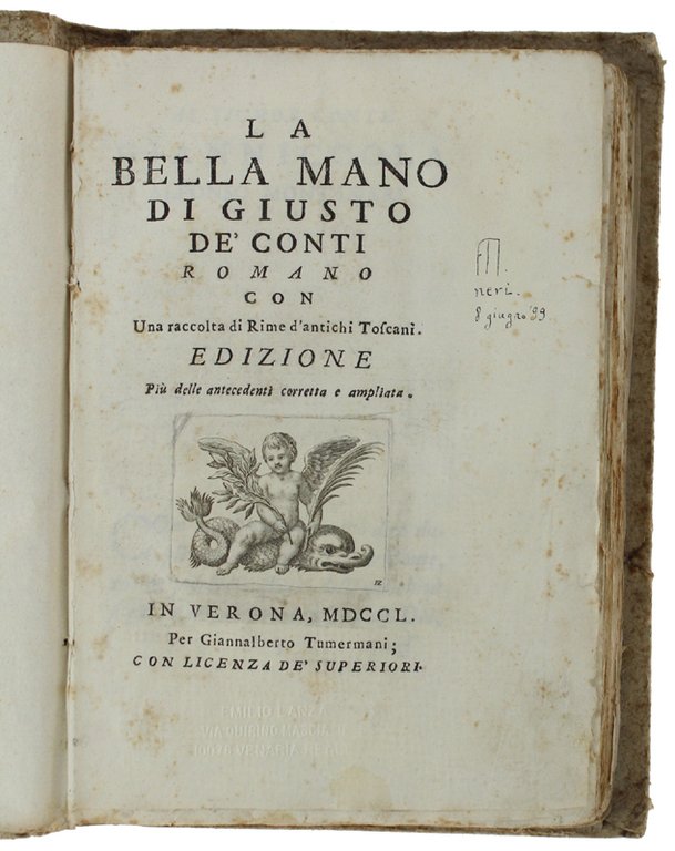 LA BELLA MANO di Giusto de' Conti Romano, con una raccolta di Rime d ...