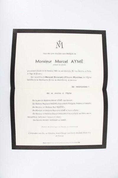 Faire-Part d'invitation aux obsèques de Marcel Aymé le Jeudi 14