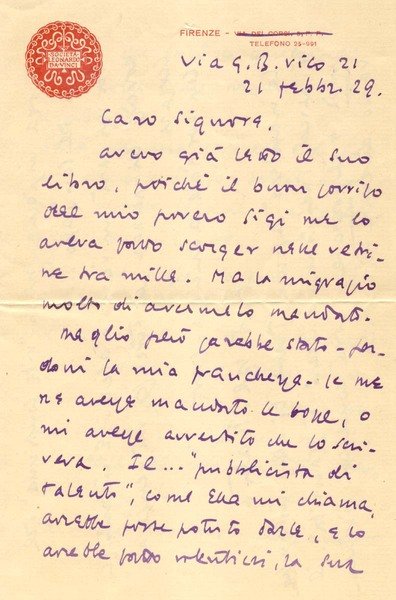 Lettera autografa firmata dello scrittore e giornalista fiorentino ...